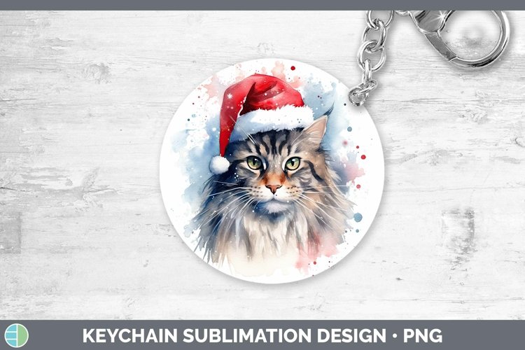 Santa Hat Maine Coon Cat Keychain Sublimation Keyring Design