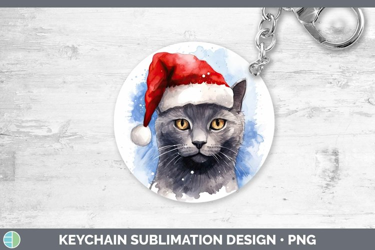 Santa Hat Russian Blue Cat Keychain Sublimation Keyring Desi