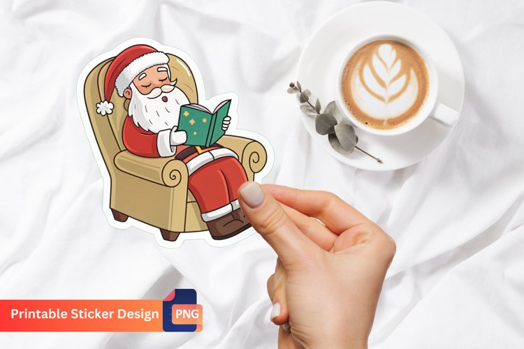 Santa Sleeping On A Comfy Chair With A Book Sticker