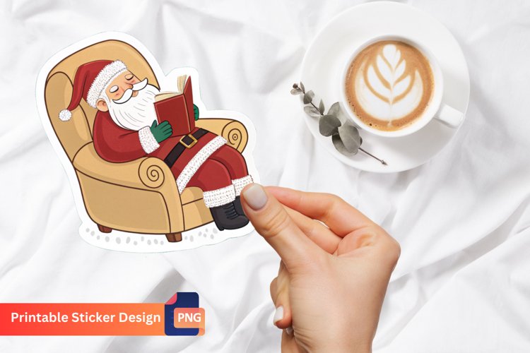 Santa Sleeping On A Comfy Chair With A Book Sticker