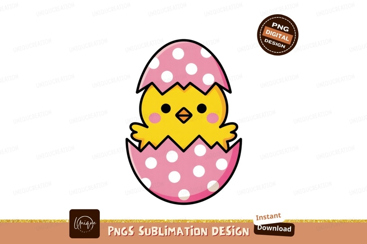 Yellow chick hatching from pink polka dot egg image