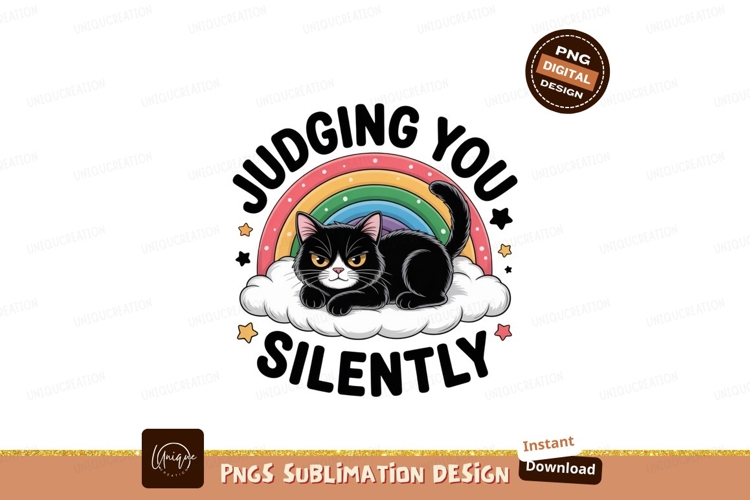 Grumpy black cat on rainbow cloud image (6028059)