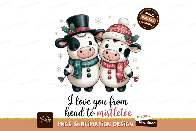 Cute cows wearing winter hats and scarves snowflakes