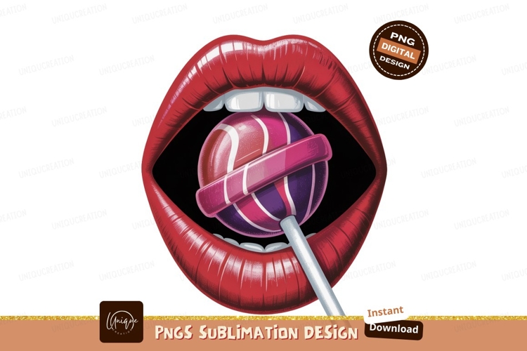 Red lips biting lollipop candy sweet
