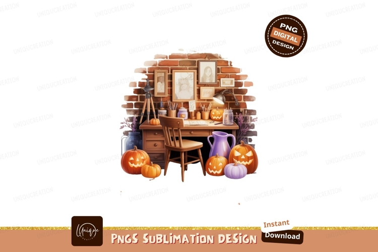 Autumnal desk with pumpkins and art supplies image