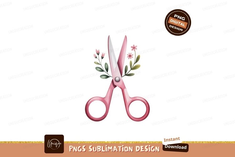Pink scissors floral design flowers leaves