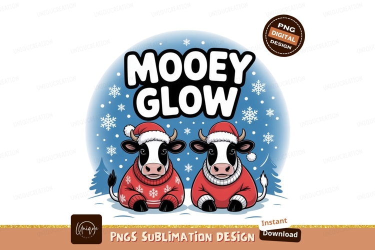 Festive cows wearing sweaters and hats snow