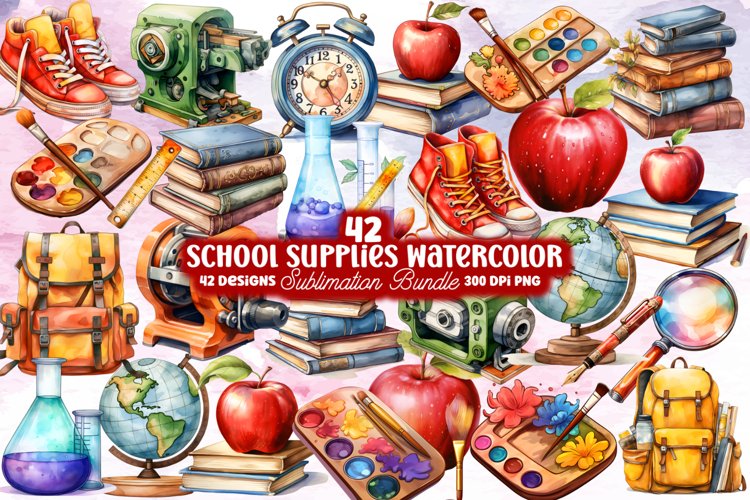 School Supplies Watercolor Clipart, Back to School Clipart