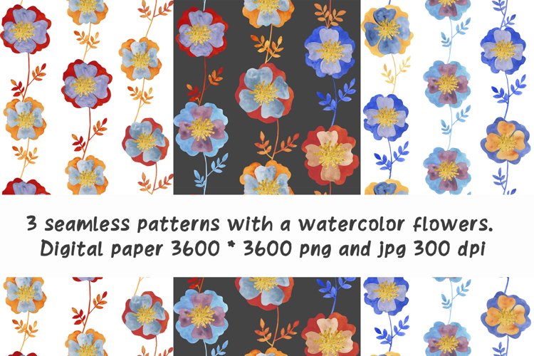 3 seamless patterns watercolor flower. Digital paper