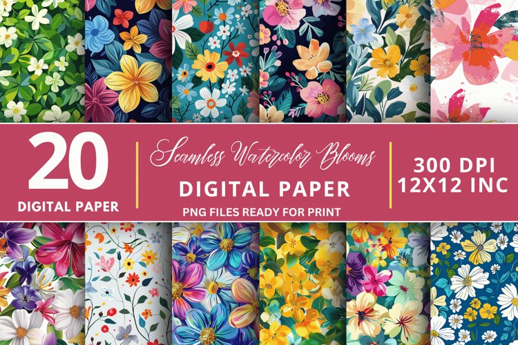 Watercolor Blooms Flowers Seamless Digital Paper Bundle