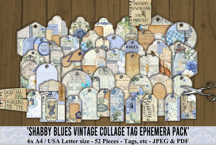 Romantic Blues, Shabby Chic Printables, Collage sheets