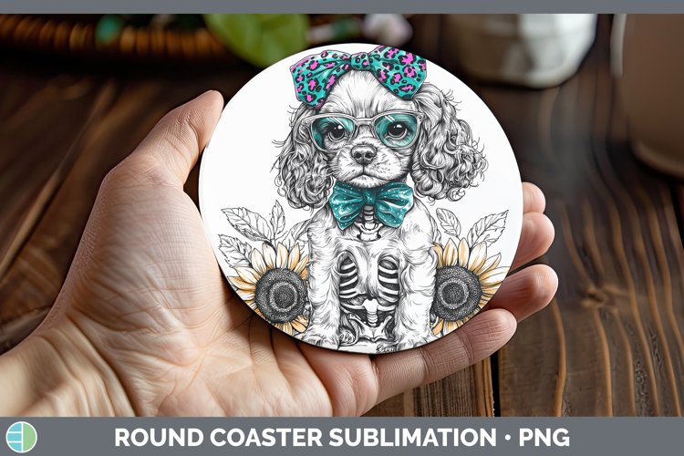 Skeleton Puppy Cocker Spaniel Round Coaster Sublimation Coas