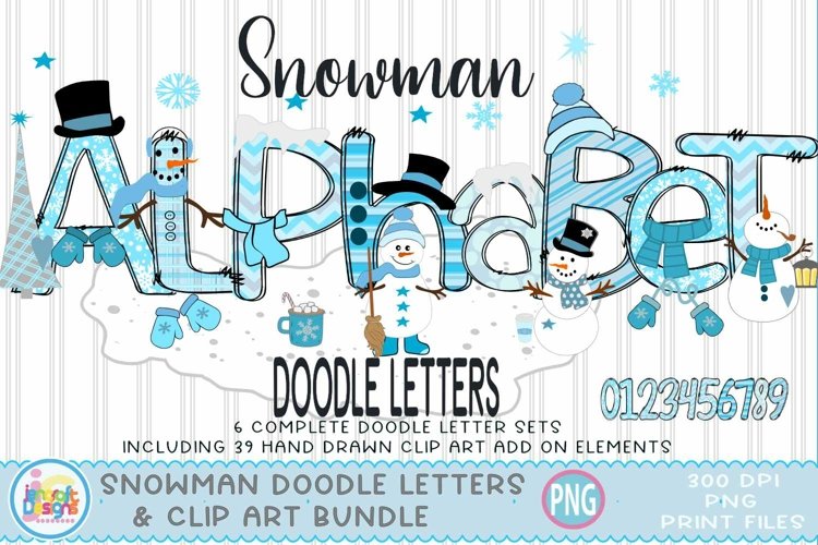 Snowman Christmas Doodle Letters Alphabet bundle clipart