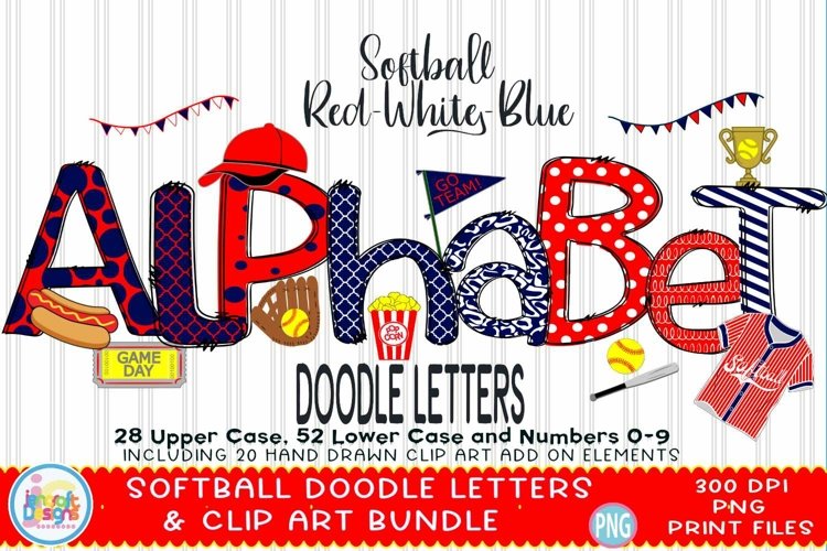 Softball Doodle Letters Alphabet PNG Red White Blue