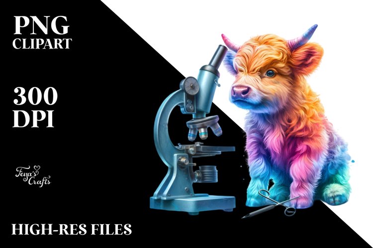 Colorful Baby Highland Cow with Microscope, Transparent PNG