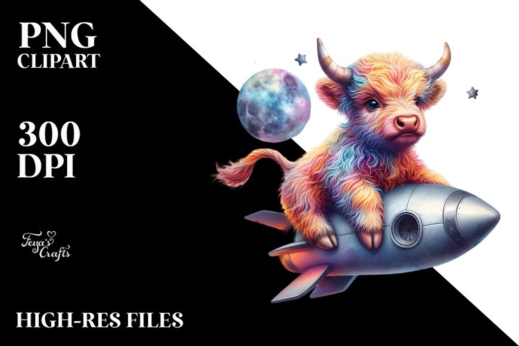 Colorful Baby Highland Cow Riding a Comet PNG