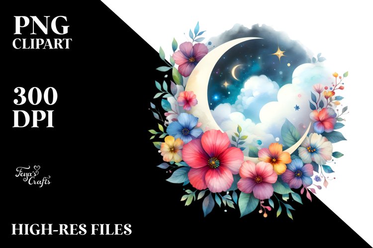 Vibrant Moon with Flowers | Clipart