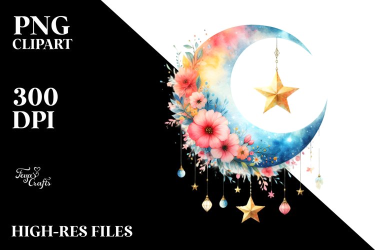 Vibrant Watercolor Wimsical Moon | Sublimation | Clipart