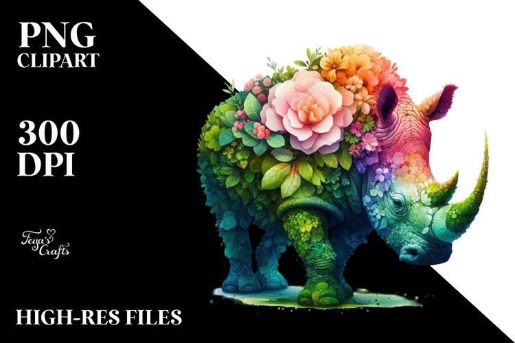 Vibrant Rhino with 3D Flowers PNG