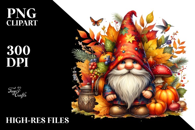 Vibrant Watercolor Autumn Gnome PNG