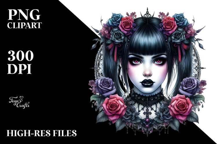 Vibrant Gothic Girl Watercolor PNG