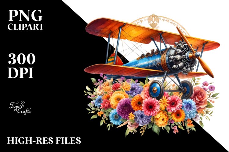 colorful Vintage Biplane with Flowers | Clipart