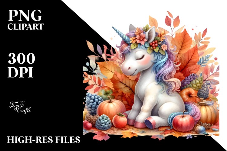 Colorful Pastel Baby Unicorn Autumn Scene Clipart