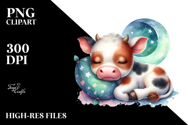 Colorful Small Baby Cow Sleeping Moon Whimsical Clipart