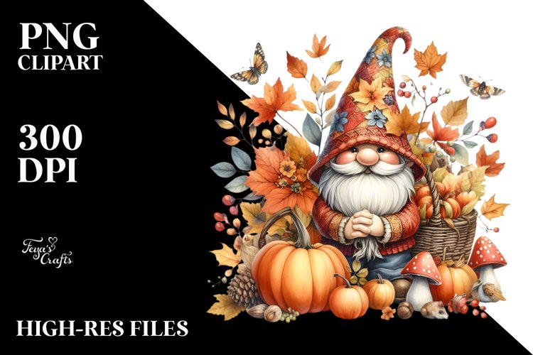 Detailed Autumn Gnome Watercolor PNG