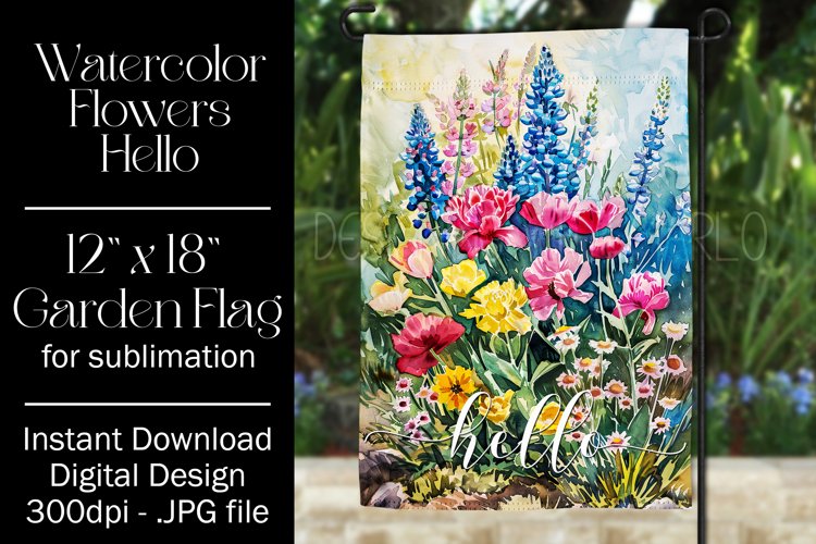 Floral Garden Flag, Watercolor Flowers Hello Garden Flag 1