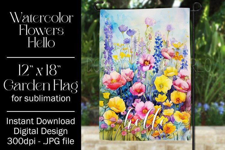 Floral Garden Flag, Watercolor Flowers Hello Garden Flag 3