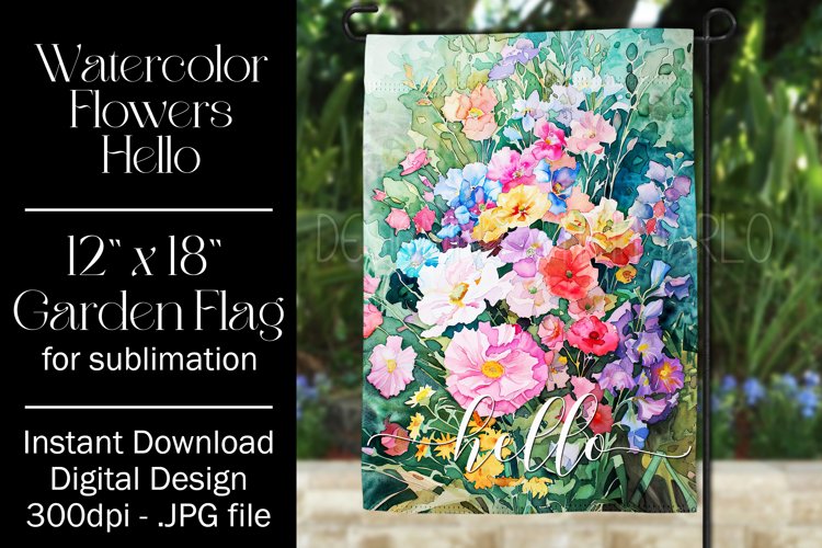 Floral Garden Flag, Watercolor Flowers Hello Garden Flag 5