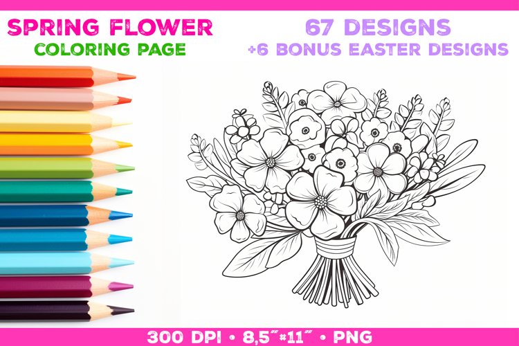 Spring floral bouquet coloring pages set. Kids coloring book