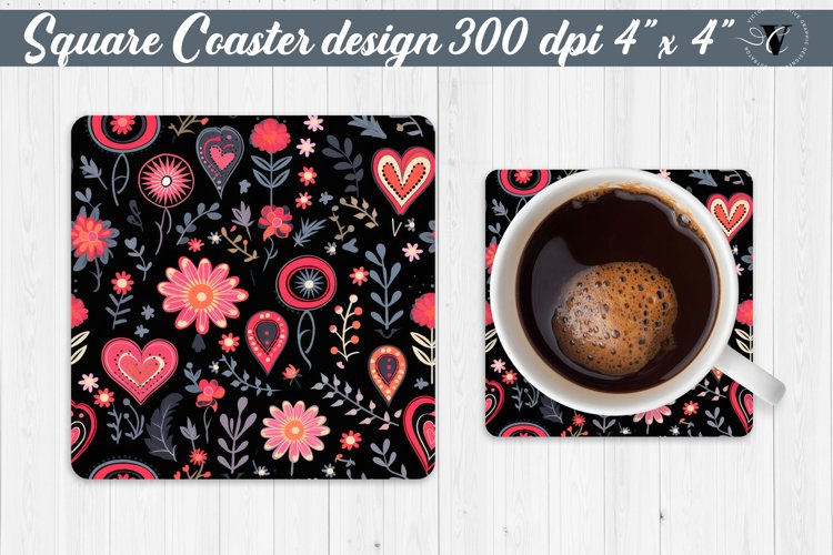 Square Coaster | Hearts and flowers | Folk art (5142598)