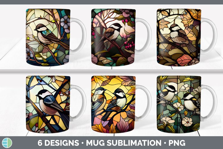 Stained Glass Chickadee Bird Mug Wrap | Sublimation Coffee C