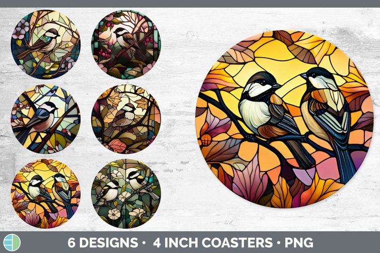 Stained Glass Chickadee Bird Round Coaster | Sublimation Coa