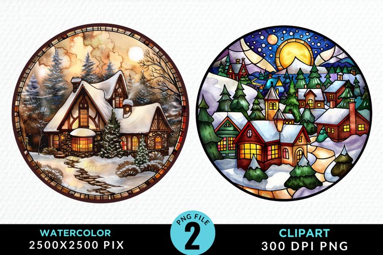 Stained Glass Cozy Winter Houses Artwork Clipart