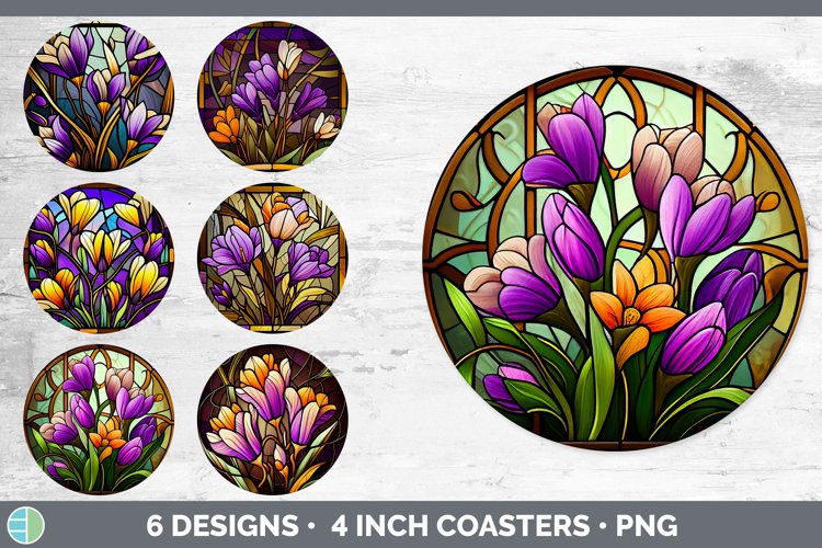 Stained Glass Crocus Flowers Round Coaster | Sublimation Coa