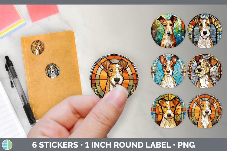 Stained Glass Fox Terrier Dog Stickers | Round Labels Design