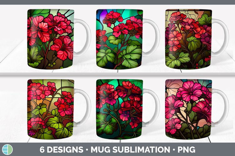 Stained Glass Geranium Flowers Mug Wrap | Sublimation Coffee