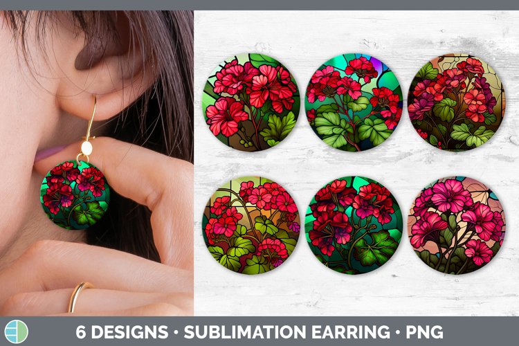 Stained Glass Geranium Flowers Round Earrings | Sublimation