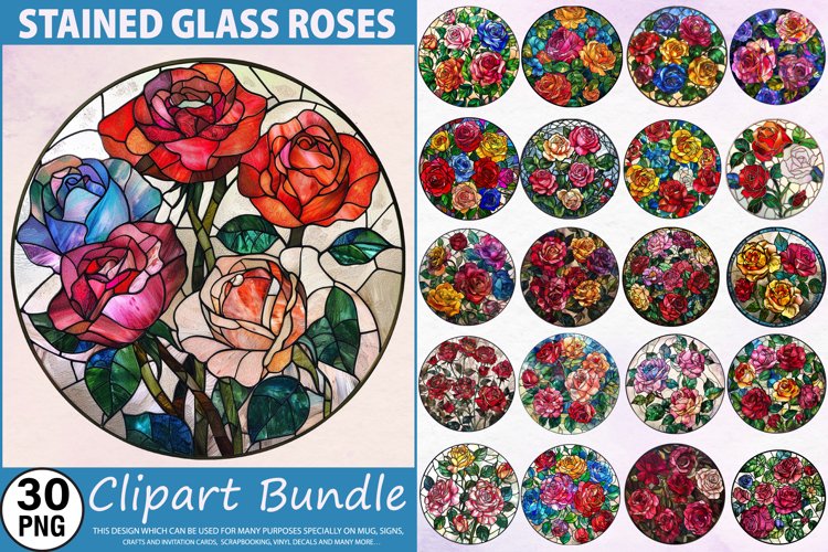 Stained Glass Roses Clipart Bundle