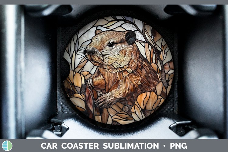 Stained Glass Woodland Beaver Car Coaster Sublimation Desig