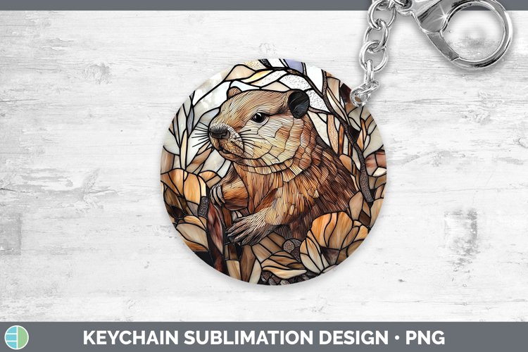 Stained Glass Woodland Beaver Keychain Sublimation Keyring D