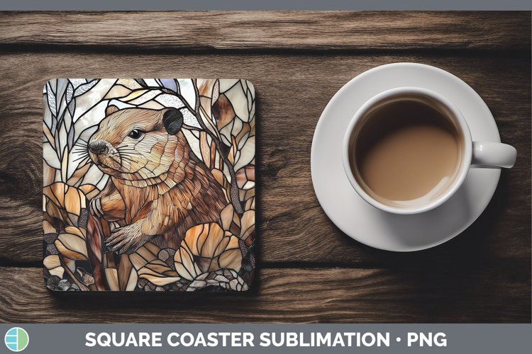Stained Glass Woodland Beaver Square Coaster Sublimation Coa