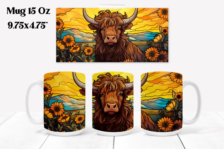Highland cow mug sublimation | Cow stained glass mug wrap