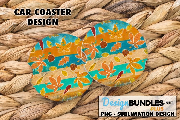 Orange Turquoise Fall Leaves Car Coaster Sublimation Design