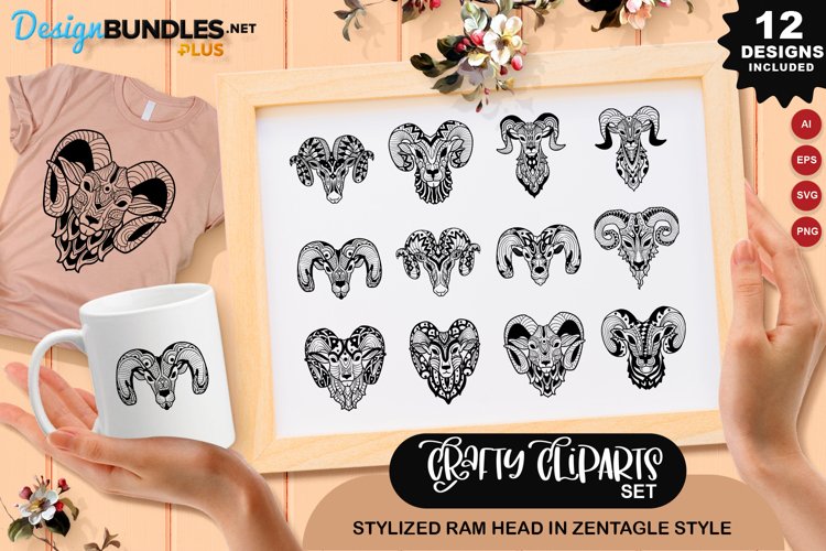 Stylized Ram Head In Zentagle Style Clipart Set