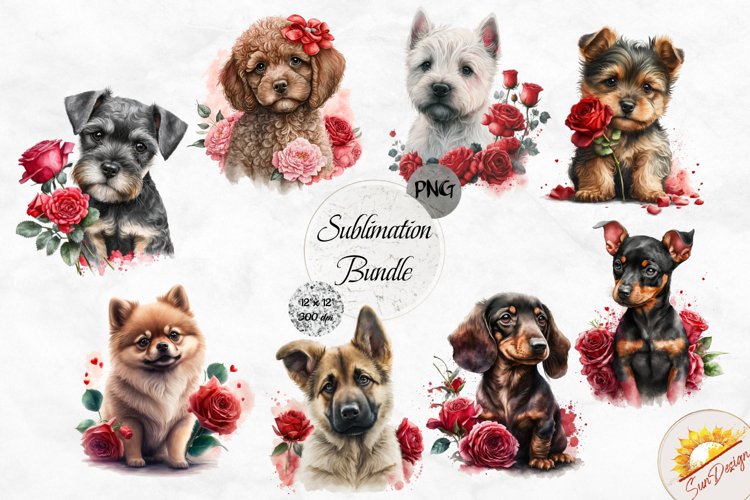 Valentine's Day Dog Breed Watercolor Sublimation Bundle PNG