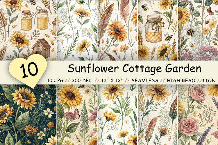 Sunflower Cottage Garden Digital Paper, Seamless